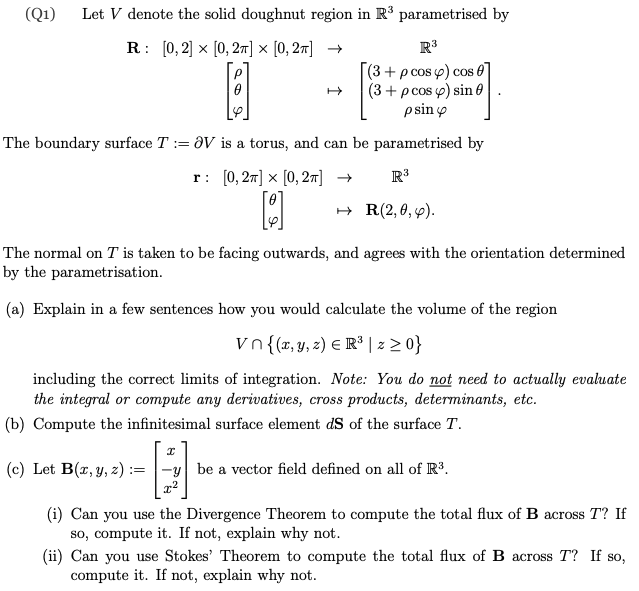 (Q1) Let V denote the solid doughnut region in R3 | Chegg.com