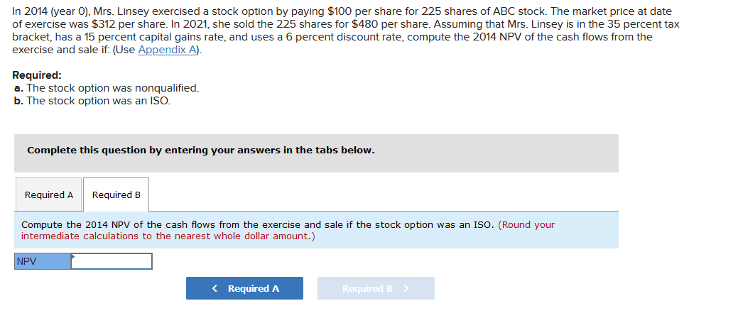 Solved In 2014 (year 0), Mrs. Linsey exercised a stock | Chegg.com