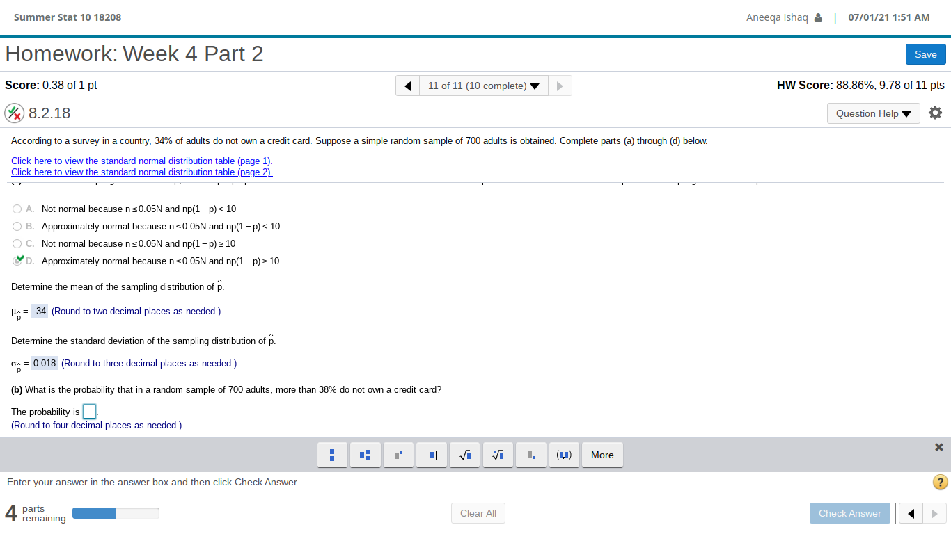 Solved Summer Stat 10 18208 Aneeqa Ishaq | 07/01/21 1:51 AM | Chegg.com