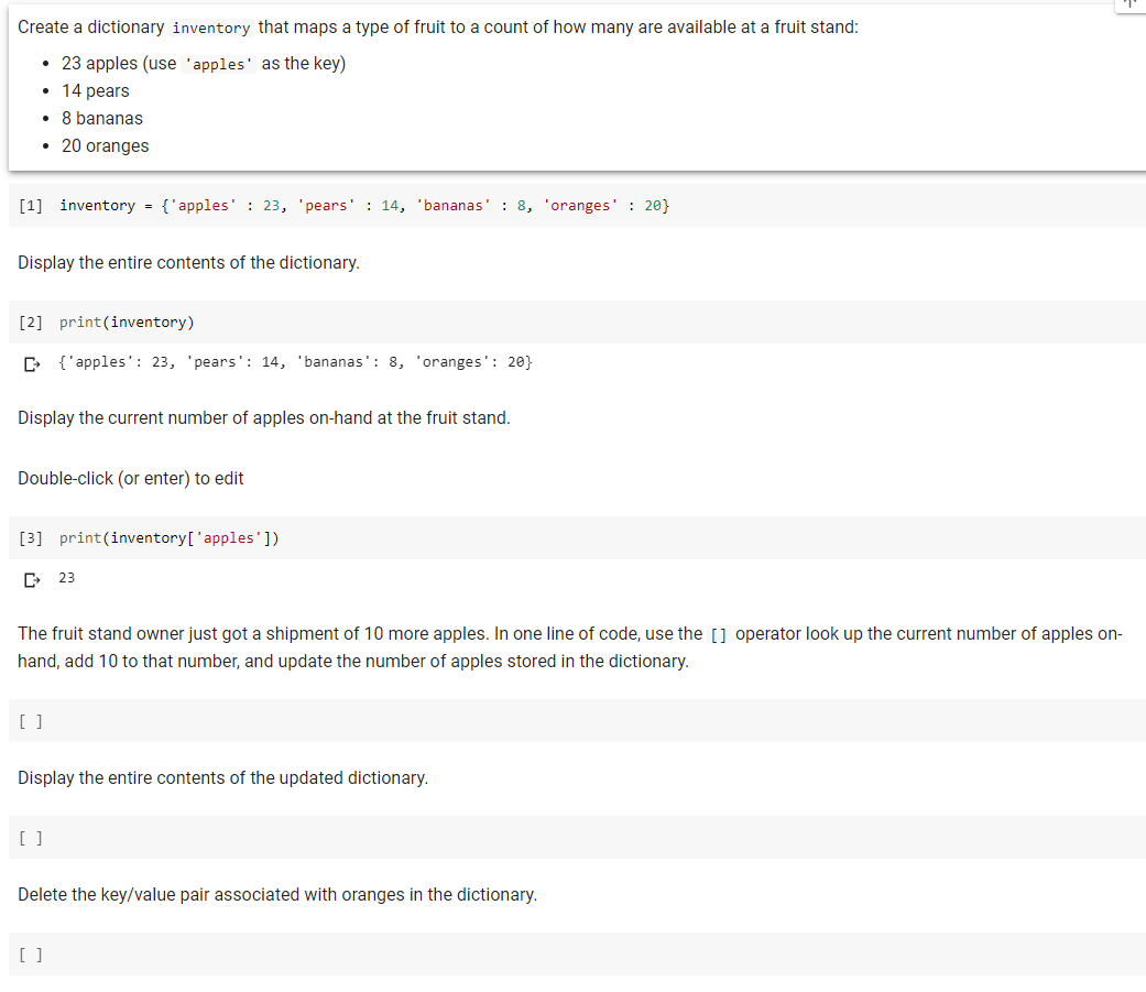 Solved " Create a dictionary inventory that maps a type of | Chegg.com