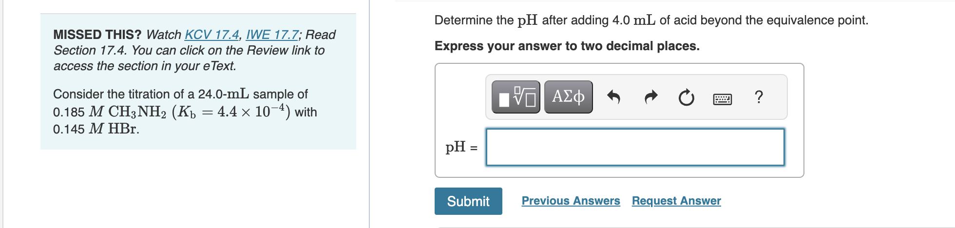 Solved Determine the pH after adding 4.0 mL of acid beyond | Chegg.com