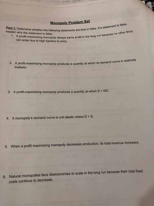 Solved Monopo 2oly Problem Set Part 1: explain why the | Chegg.com