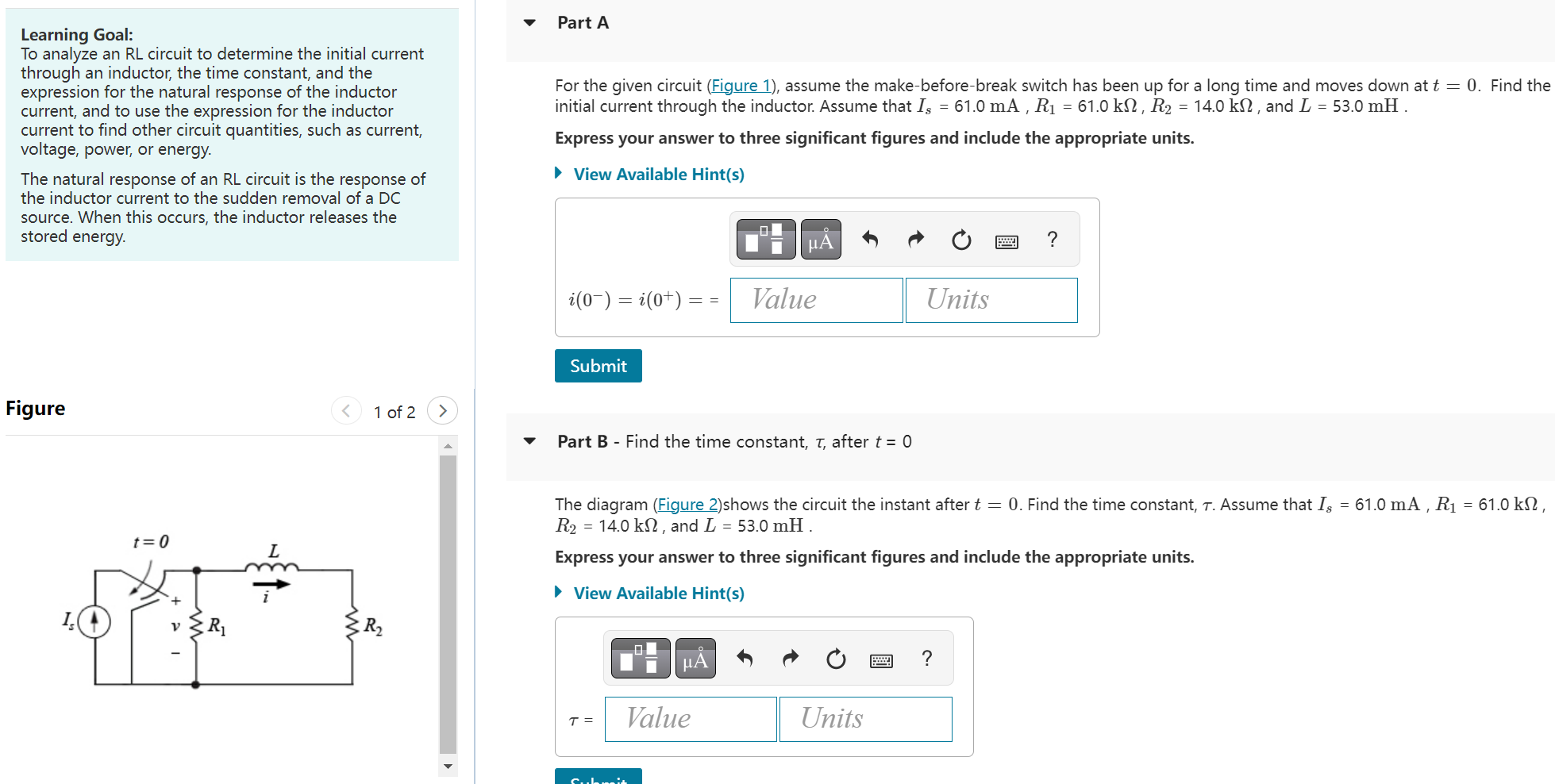 Solved Figure Part B - Find the time constant, τ, after t=0 | Chegg.com