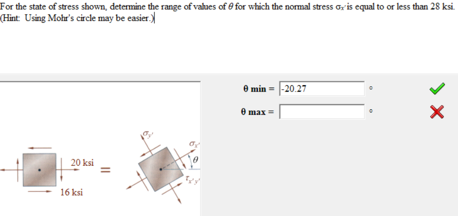 Solved For the state of stress shown, determine the range of | Chegg.com