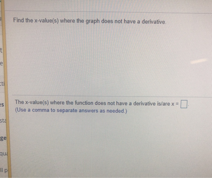 Solved Find the x-value(s) where the graph does not have a | Chegg.com