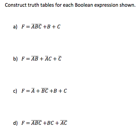 Solved Construct truth tables for each Boolean expression | Chegg.com