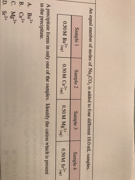 Solved An equal number of moles of Na,CO, is added to four | Chegg.com