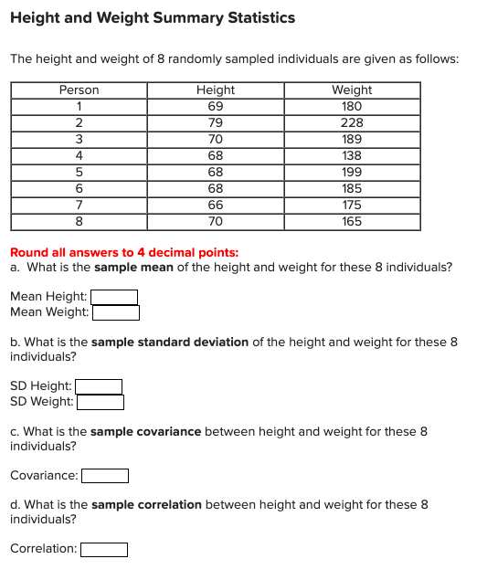 Solved Height and Weight Summary Statistics The height and | Chegg.com