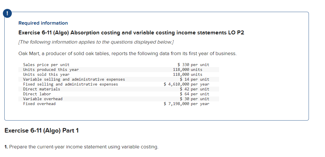 Solved Exercise 6-11 (Algo) Absorption costing and variable | Chegg.com