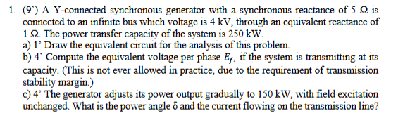 Solved 1. ( 9′) A Y-connected synchronous generator with a | Chegg.com