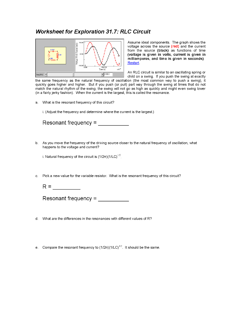 Worksheet for Exploration 31.7: RLC Circuit Assume | Chegg.com