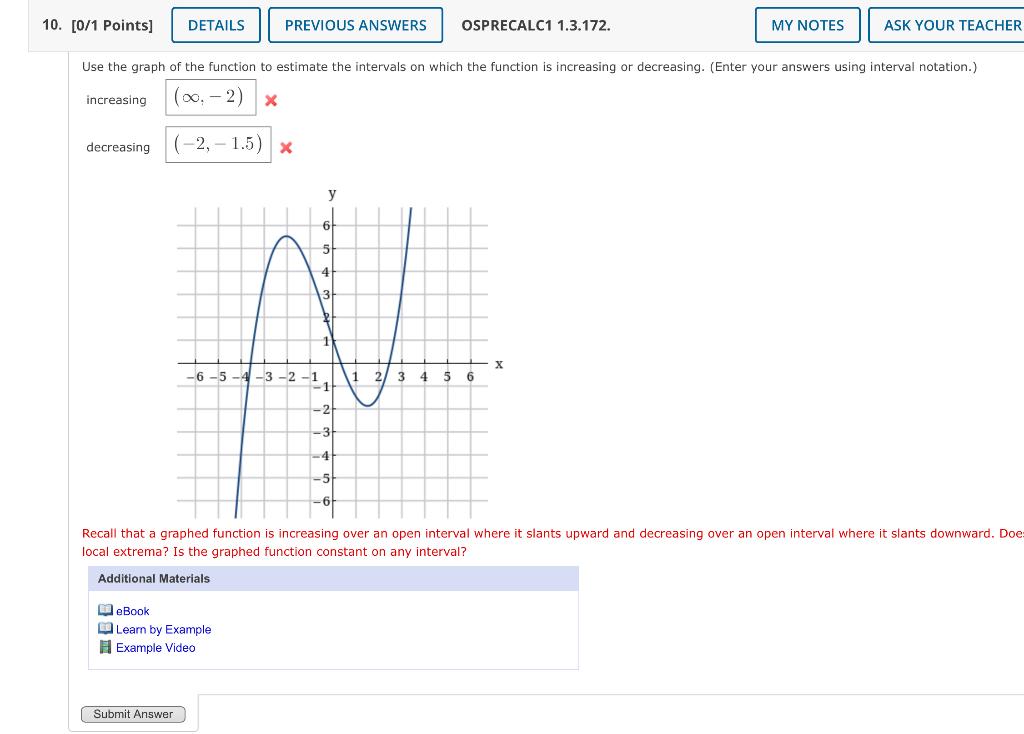 Solved [0/1 Points] OSPRECALC1 1.3.172. Use the graph of the | Chegg.com