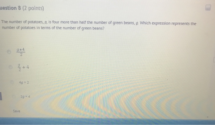 Solved uestion 8 (2 points) The number of potatoes, p, is | Chegg.com Solved uestion 8 (2 points) The number of potatoes, p, is | Chegg.com
