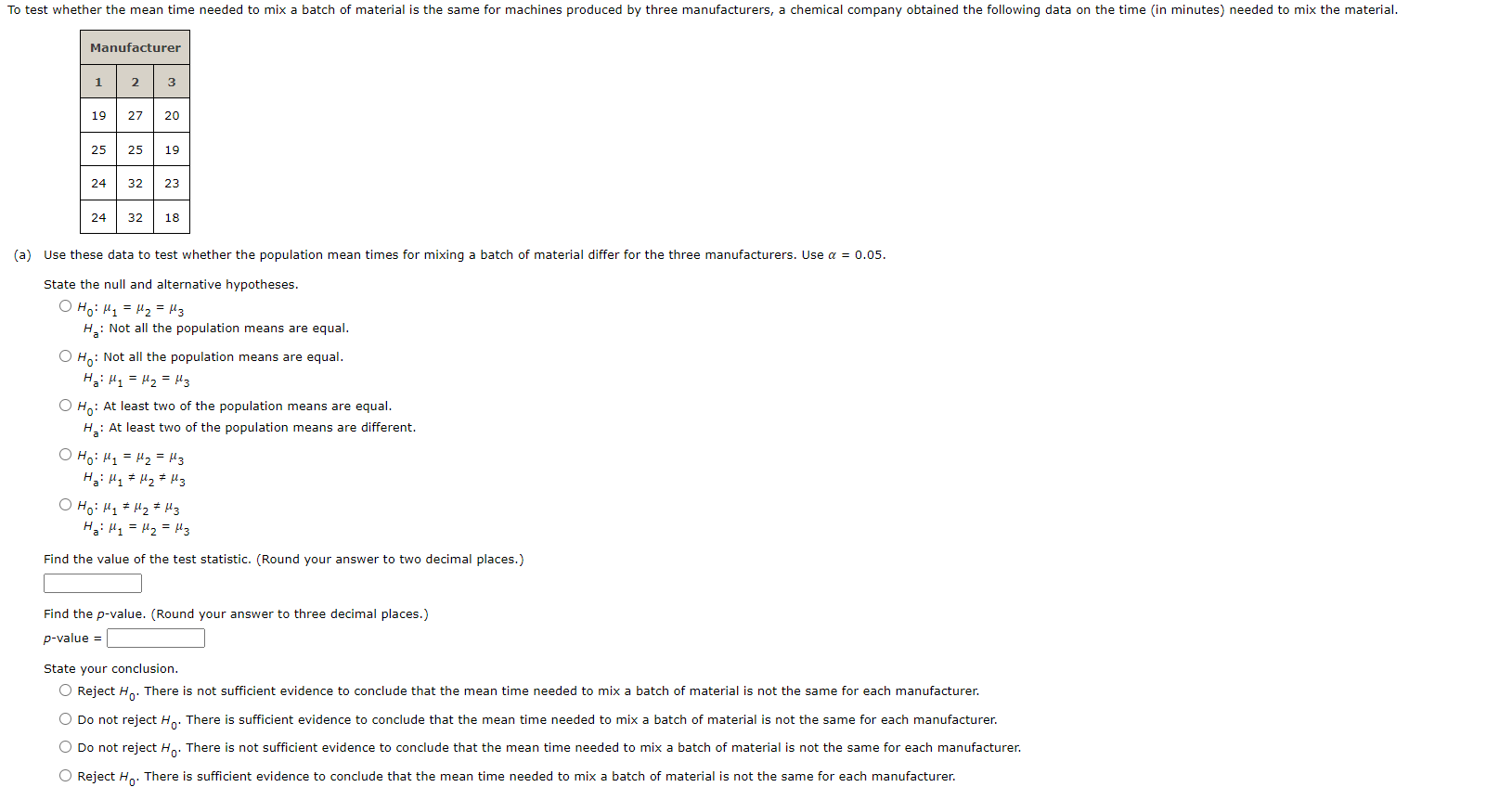 Solved H0:μ1=μ2=μ3Ha: Not all the population means are | Chegg.com