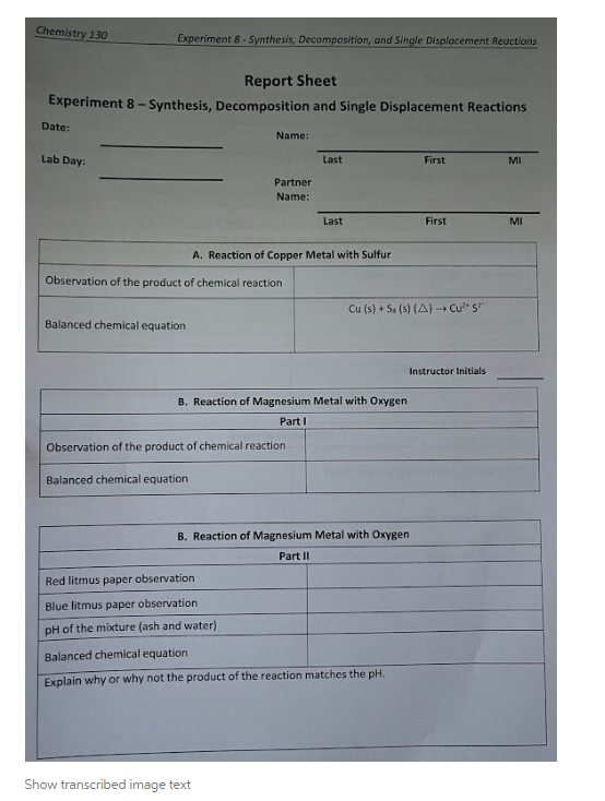 Solved Experiment 8 - Synthesis, Decomposition, and Single | Chegg.com
