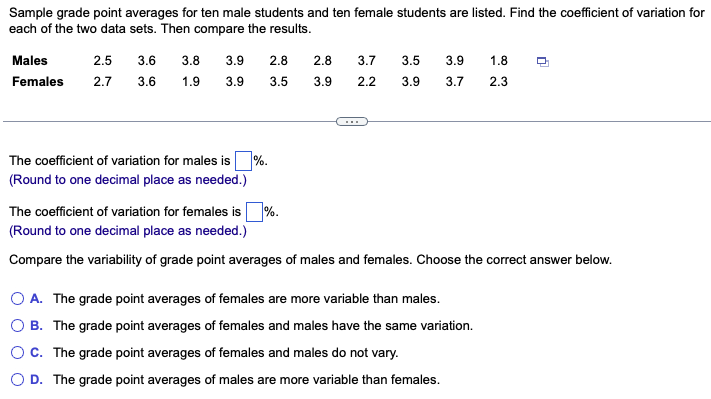 Solved Sample grade point averages for ten male students and | Chegg.com