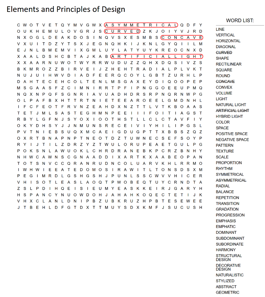 Solved Elements and Principles of Design WORD LIST: TRIC AL | Chegg.com
