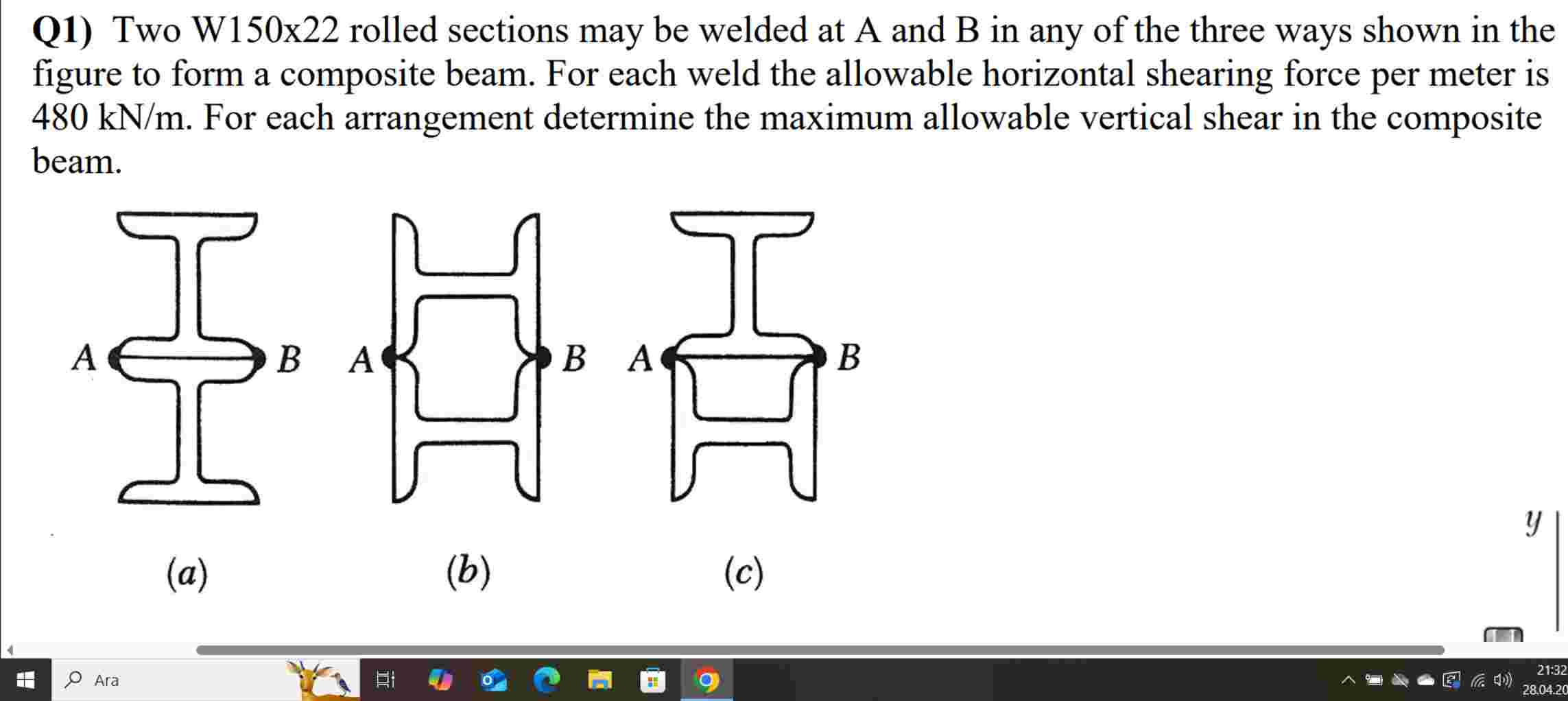 Solved Q1) ﻿Two W150x22 ﻿rolled sections may be welded at A | Chegg.com