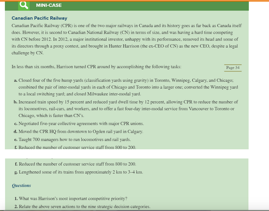 MINI-CASE Canadian Pacific Railway Canadian Pacific | Chegg.com