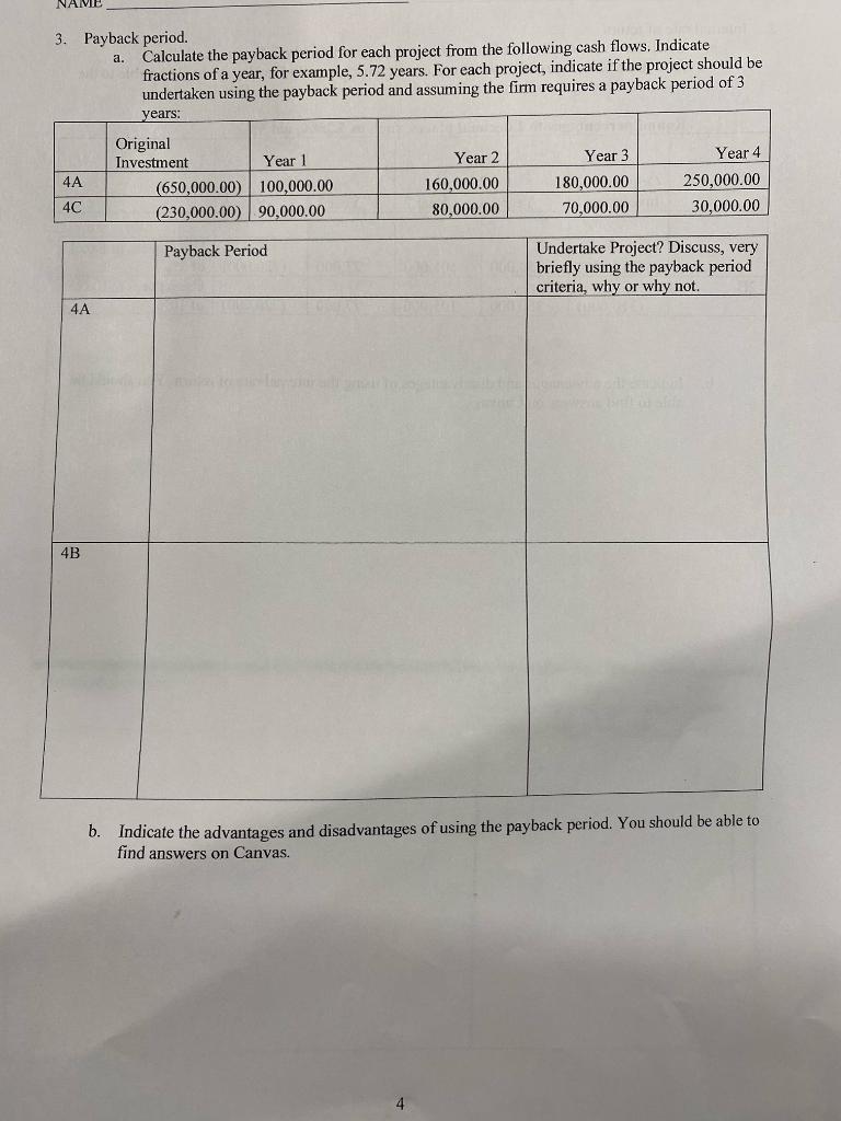 Solved NAME a 3. Payback period. Calculate the payback | Chegg.com