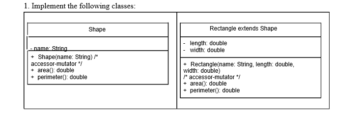 Solved 1. Implement the following classes: Shape Rectangle | Chegg.com