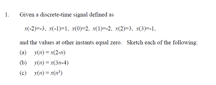 Solved 1. Given a discrete-time signal defined as X(-2)=-3, | Chegg.com