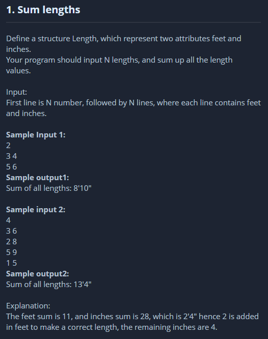 Solved 1. Sum lengths Define a structure Length, which | Chegg.com