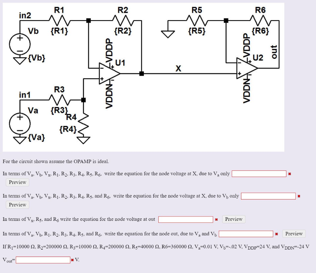 Solved R1 R2 R5 R6 in2 Vb (R1) (R21 (R5) fVb] U2 O R3 in1 Va | Chegg.com