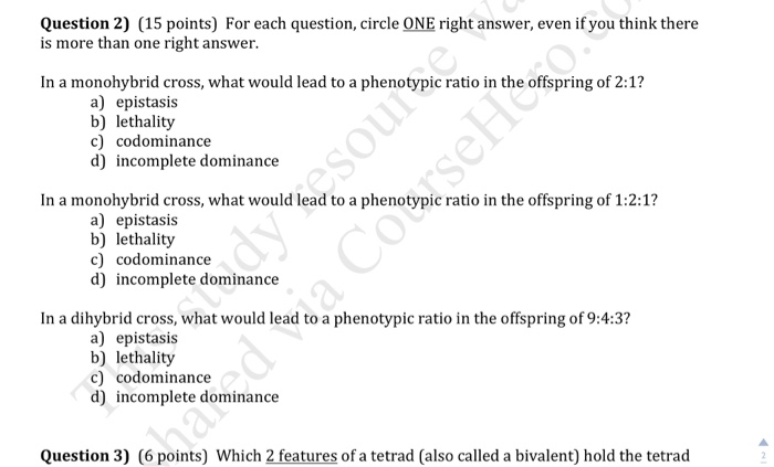 Solved Question 2) (15 points) For each question, circle ONE | Chegg.com
