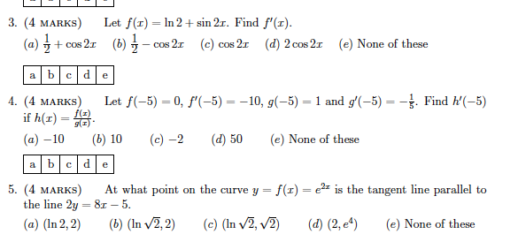 Solved 3. (4 MARKs) Let f(x)=ln2+sin2x. Find f′(x). (a) | Chegg.com
