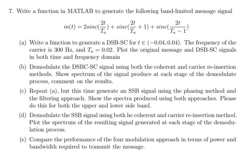 Solved Write A Function In Matlab To Generate The 