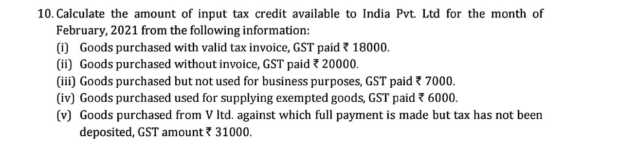 Solved 10. Calculate the amount of input tax credit | Chegg.com