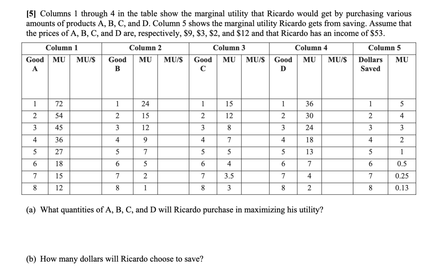 Solved 5 Columns 1 Through 4 In The Table Show The 