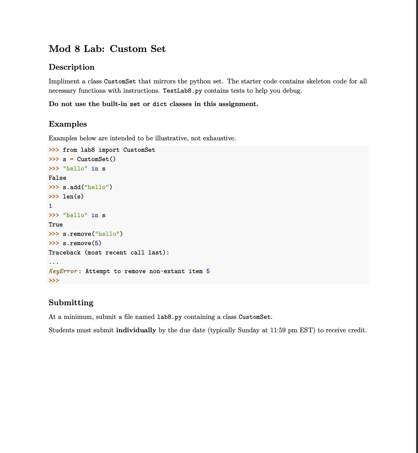 Solved Mod 8 Lab: Custom Set Description Impliment a class | Chegg.com