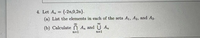 Solved Let An={-2n,0,2n}.(a) ﻿List the elements in ﻿each of | Chegg.com