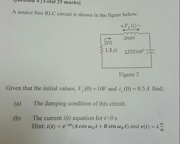 Solved Question 4 [Total 25 marks] A source free RLC circuit | Chegg.com