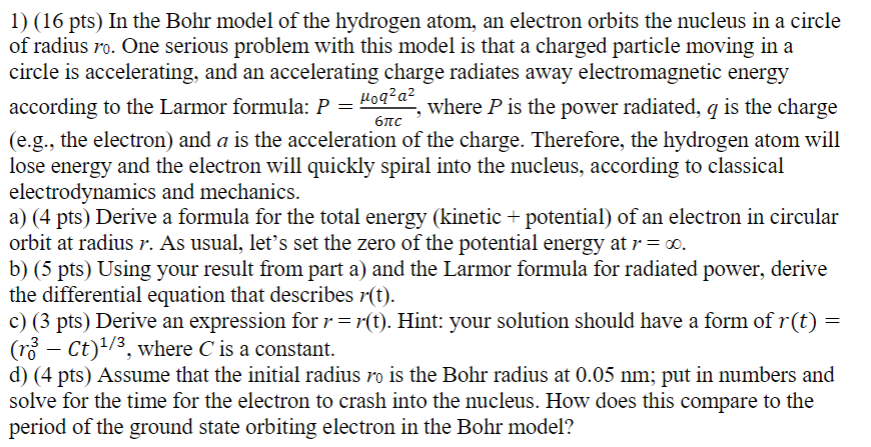 Solved (16 ﻿pts) ﻿In the Bohr model of the hydrogen atom, an | Chegg.com