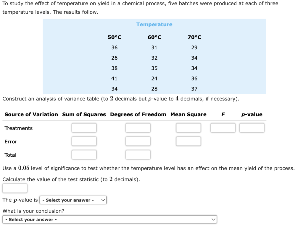 Solved To study the effect of temperature on yield in a | Chegg.com