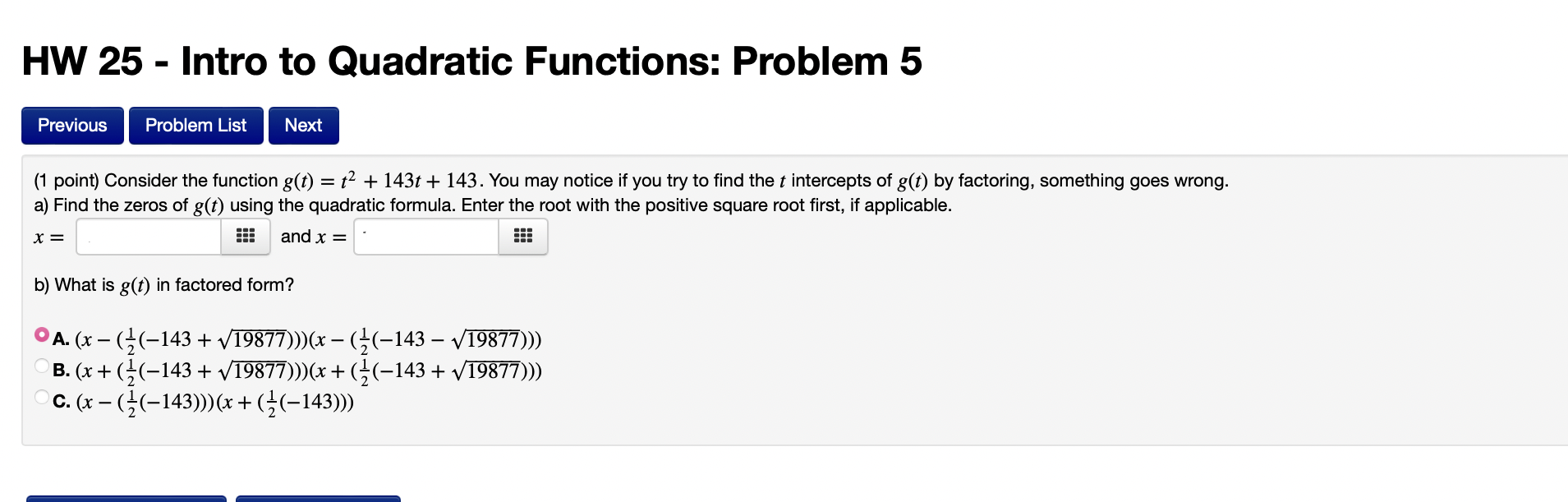Solved HW 25 - Intro to Quadratic Functions: Problem 5 - | Chegg.com