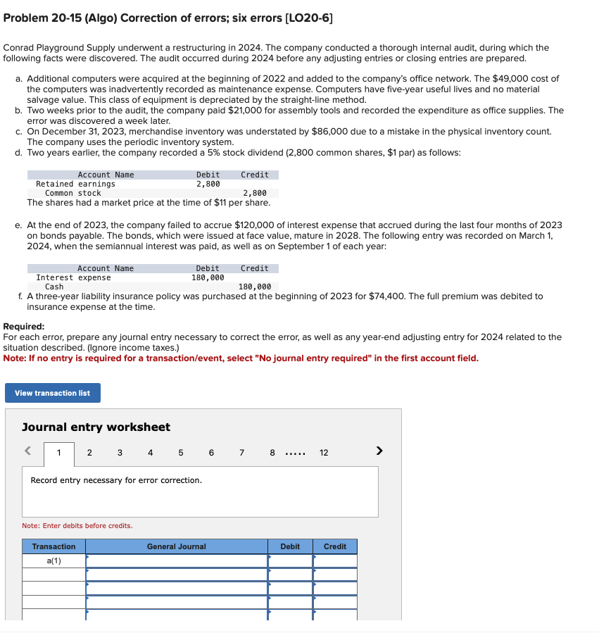 Solved Problem 20-15 (Algo) ﻿Correction of errors; six | Chegg.com
