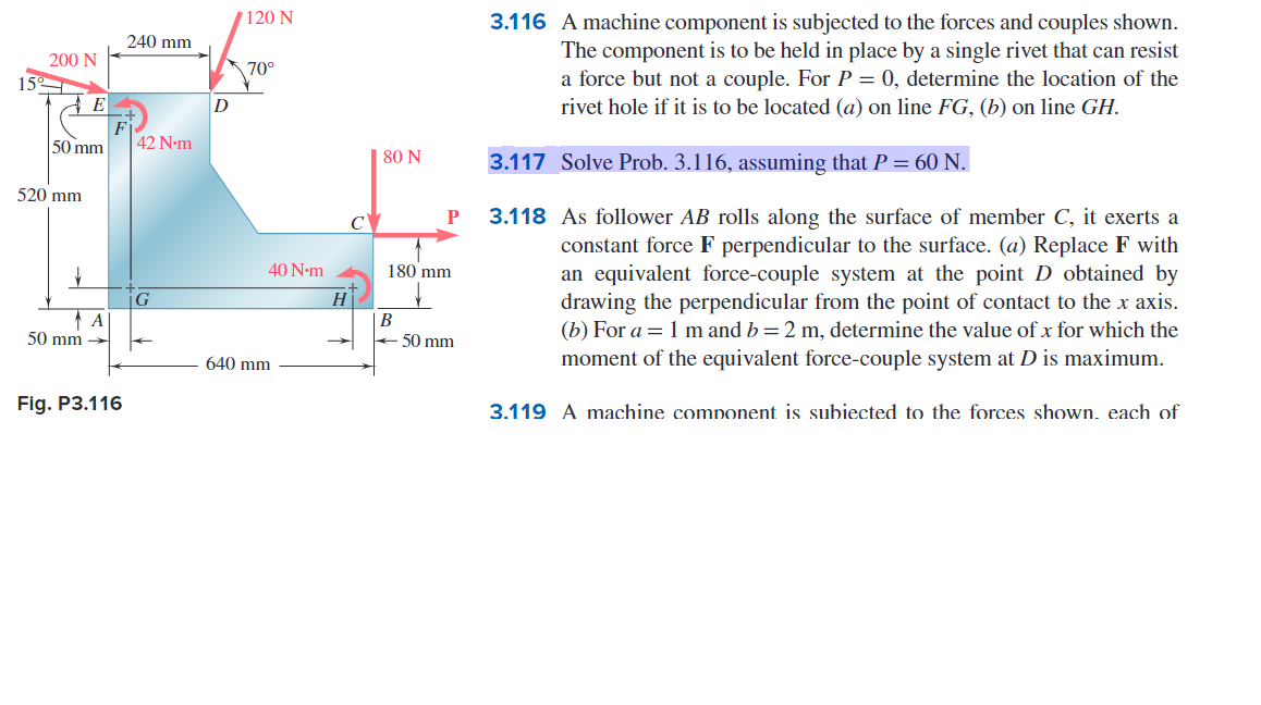 Solved 120 N 240 mm 200 N 70° 3.116 A machine component is | Chegg.com