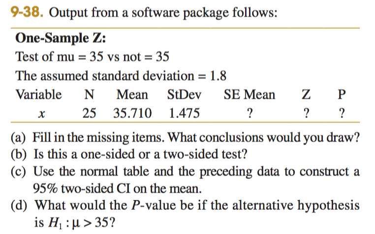 Solved 9-38. Output from a software package follows: | Chegg.com