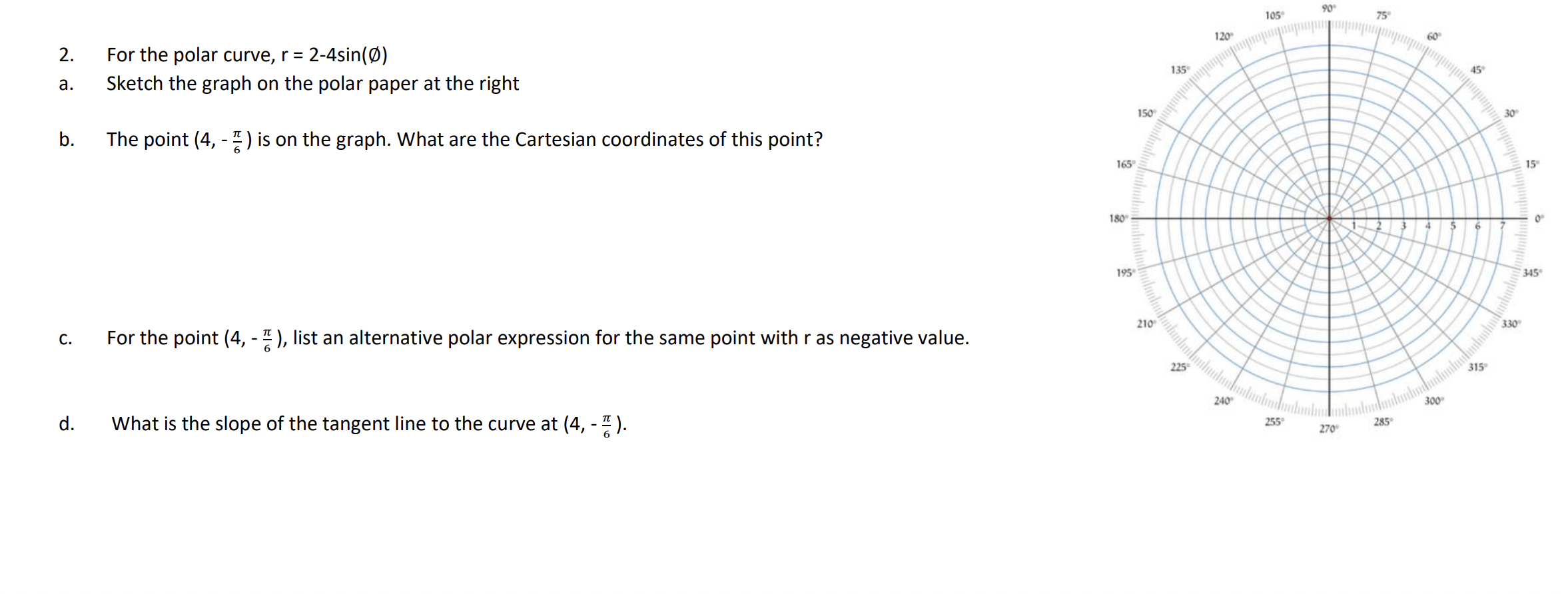 Solved 2. For the polar curve, r=2−4sin(∅) a. Sketch the | Chegg.com