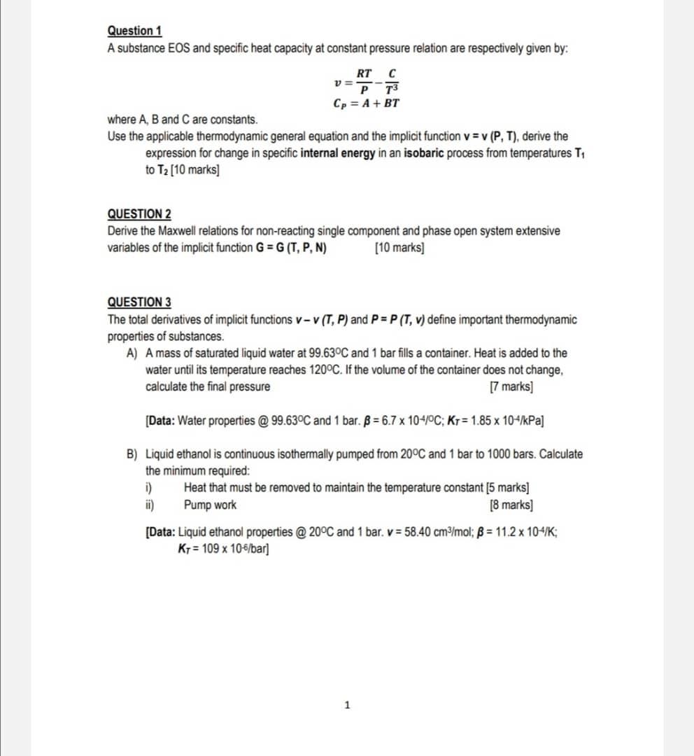 Question 1 A substance EOS and specific heat capacity | Chegg.com
