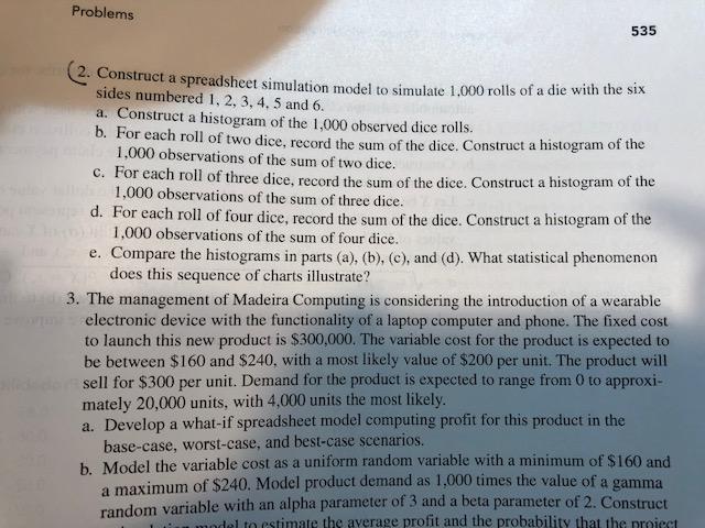 Problems 535 (2. Construct a spreadsheet simulation | Chegg.com