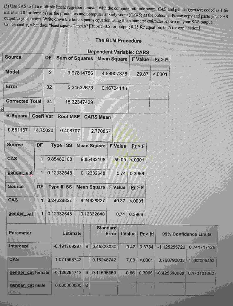 Solved (5) Use SAS to fit a multiple linear regression model | Chegg.com