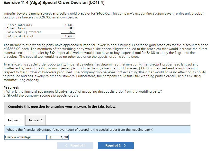Solved Exercise 11-4 (Algo) ﻿Special Order Decision | Chegg.com