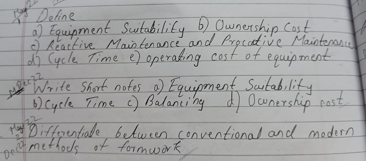 Solved Define a) Equipment Suitability b) Ownership Cost c) | Chegg.com