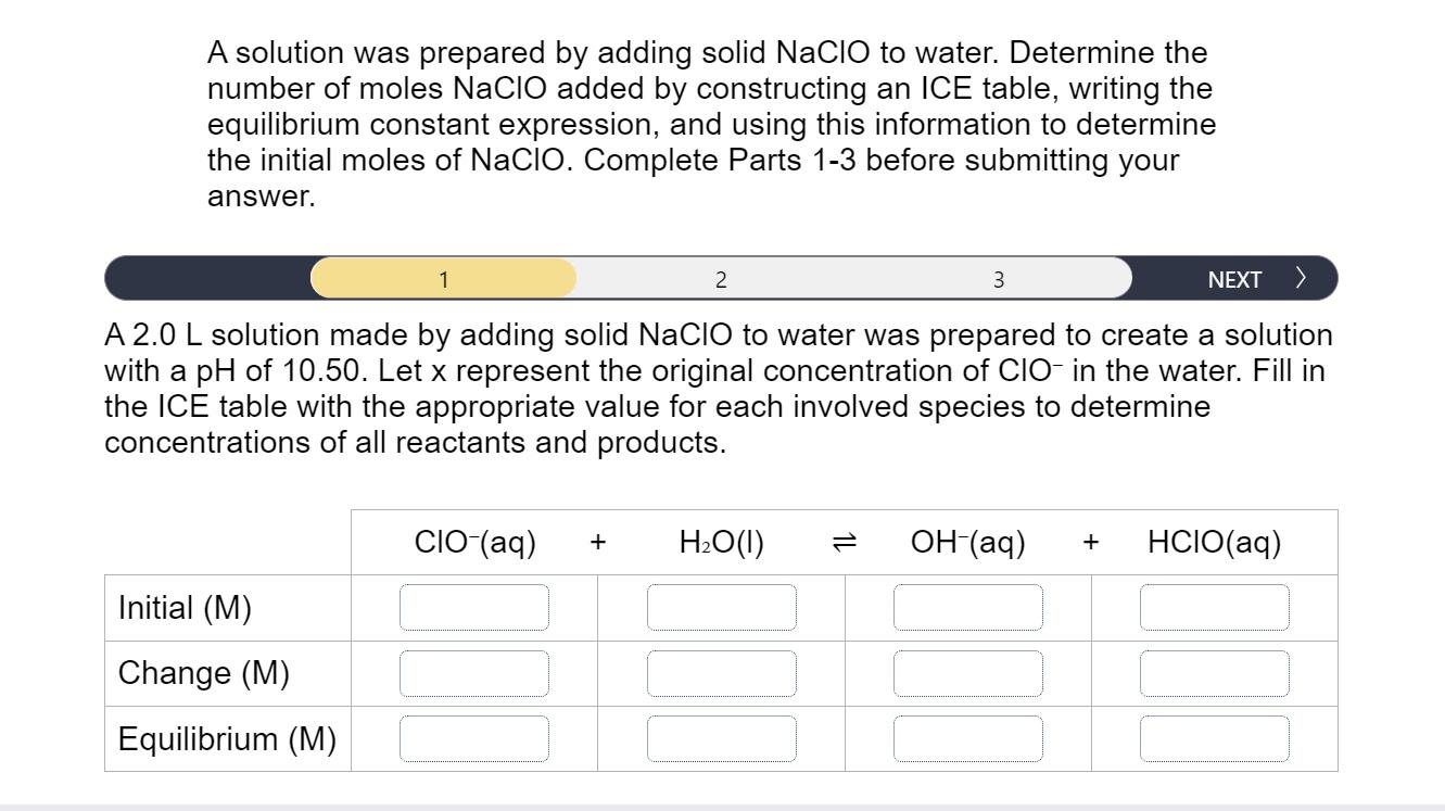 Solved A solution was prepared by adding solid NaClO to | Chegg.com