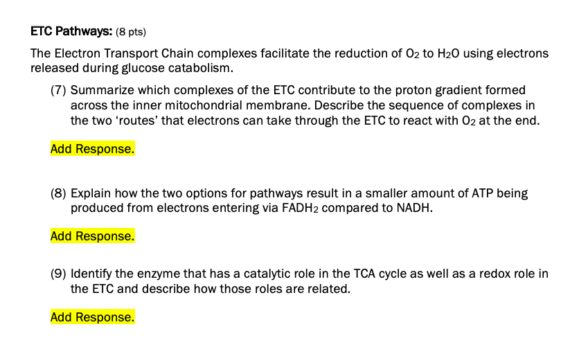 ETC Pathways: (8 pts) The Electron Transport Chain | Chegg.com